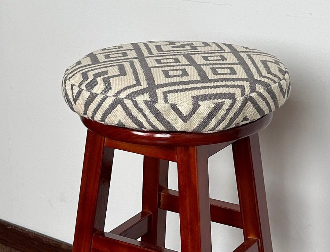 Grey Linen Stripe Plaid Counter Stool Cushion, Grey Round Counter Stool ...