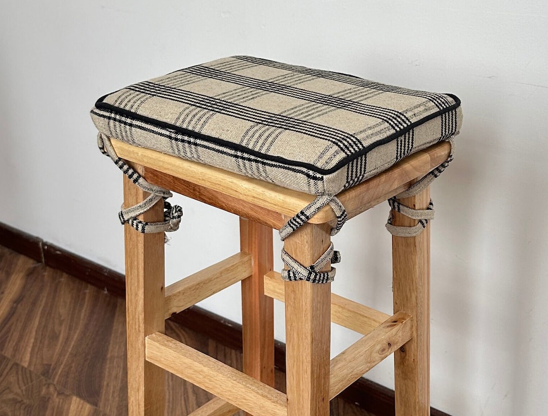 Linen Striped Stool Cushion With Piping, Black Seat Cushion, Custom ...