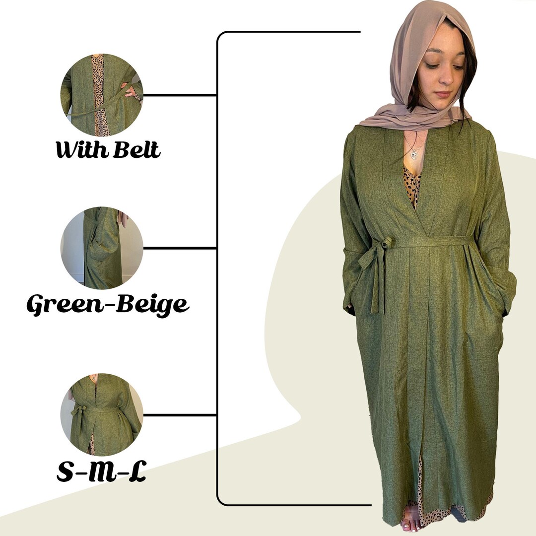 Green Linen Abaya With Belt - Modest Islamic Clothing for Muslim Women ...