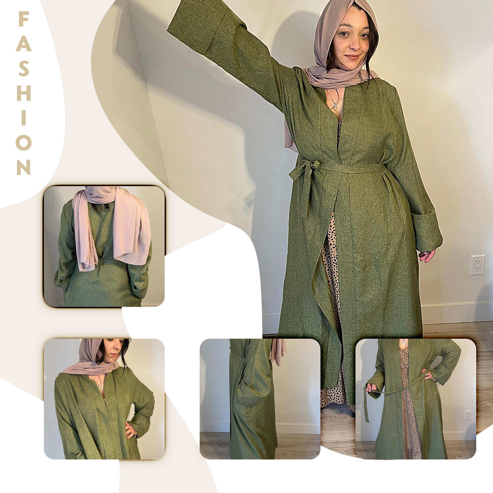 Green Linen Abaya With Belt - Modest Islamic Clothing for Muslim Women ...