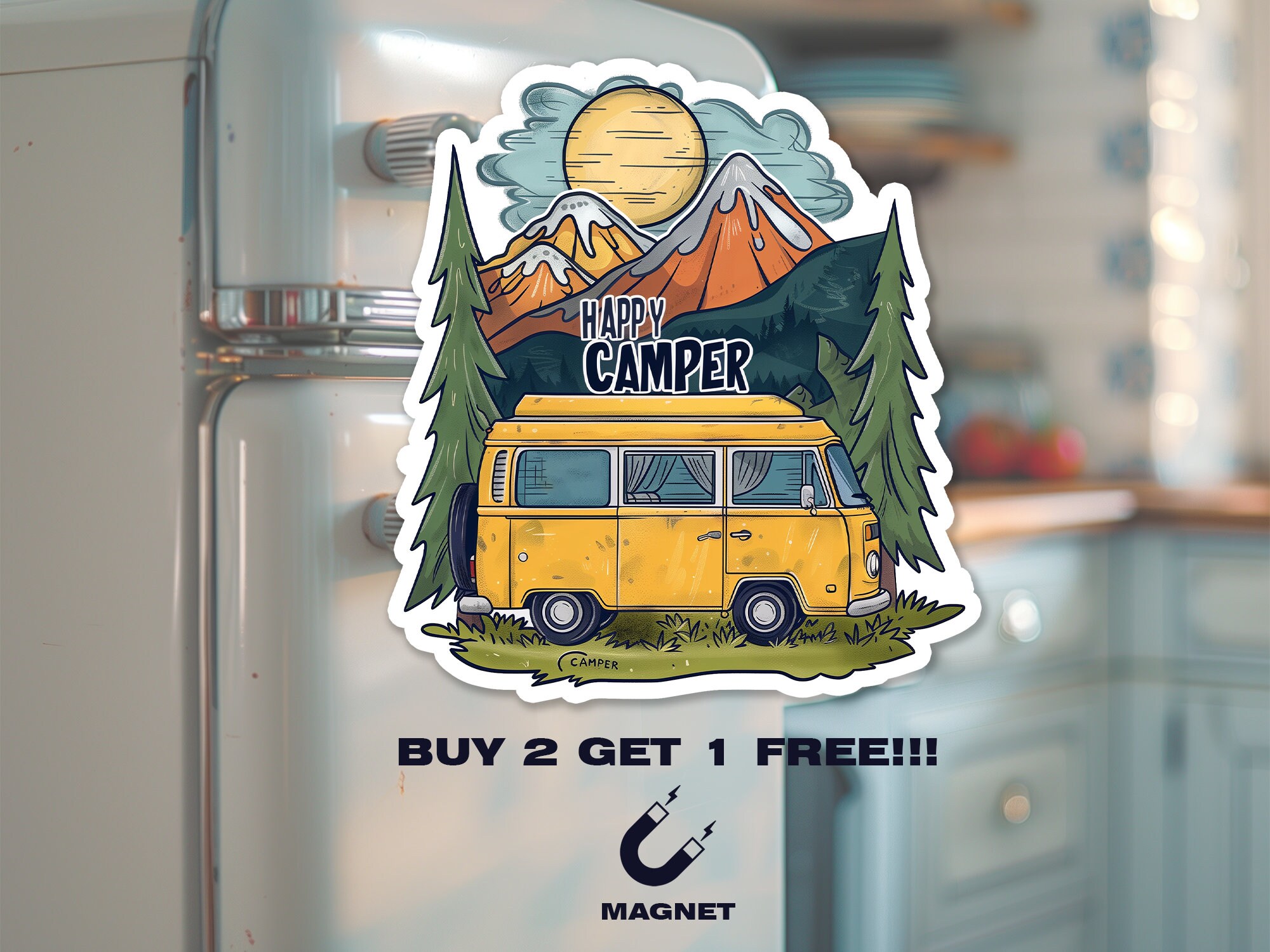 Travel Magnet - Camper and Beautiful Landscape, Vector Style With ...