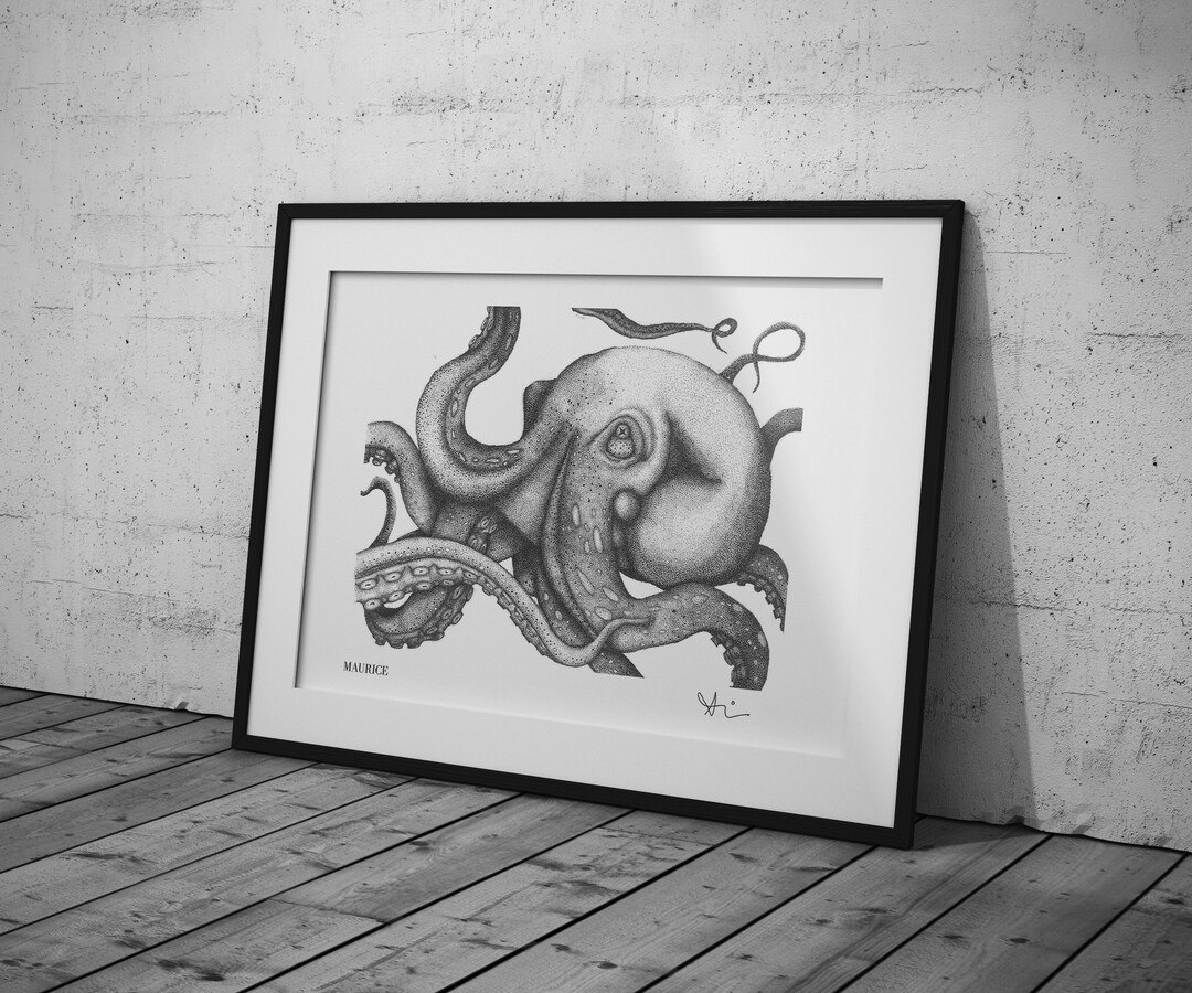 MAURICE Hand Drawn Pointillism Print, Dreamy Psychadelic, Black and ...