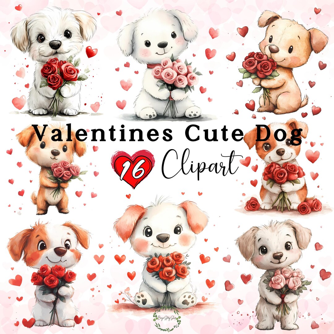 Watercolor Valentines Cute Dog Clipart, Valentine's Day Dogs Clipart ...