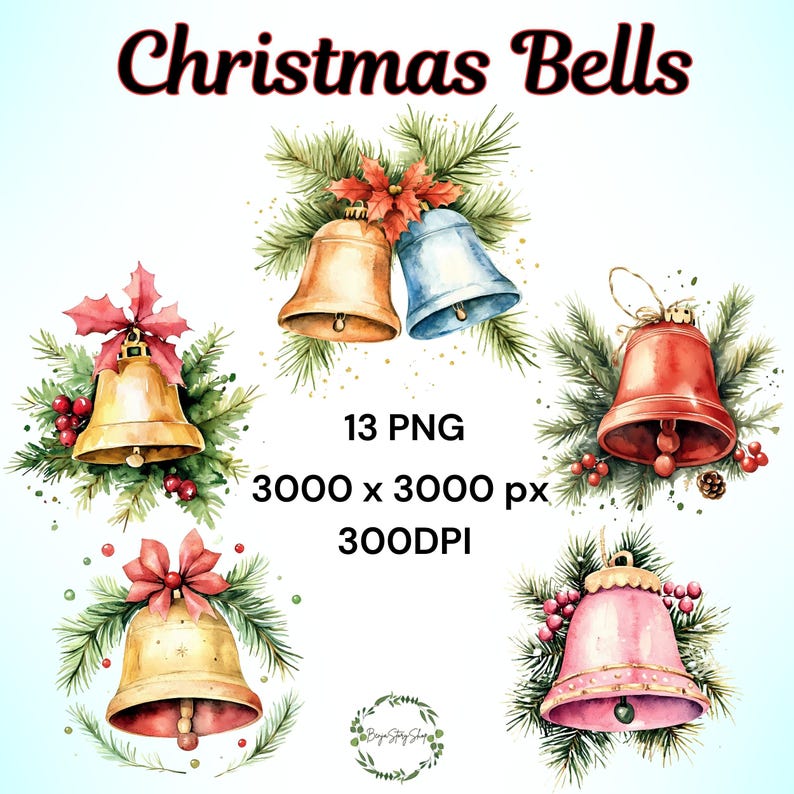 Watercolor Christmas Bells Clipart, 13 High Quality PNG Files ...