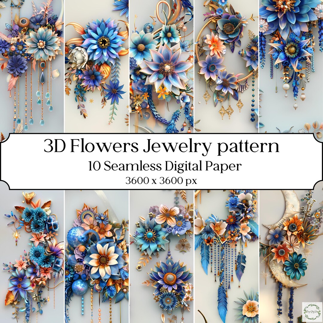 3D Flowers Seamless Pattern, Jewelry Pattern, Flowers Digital Paper, 3D ...