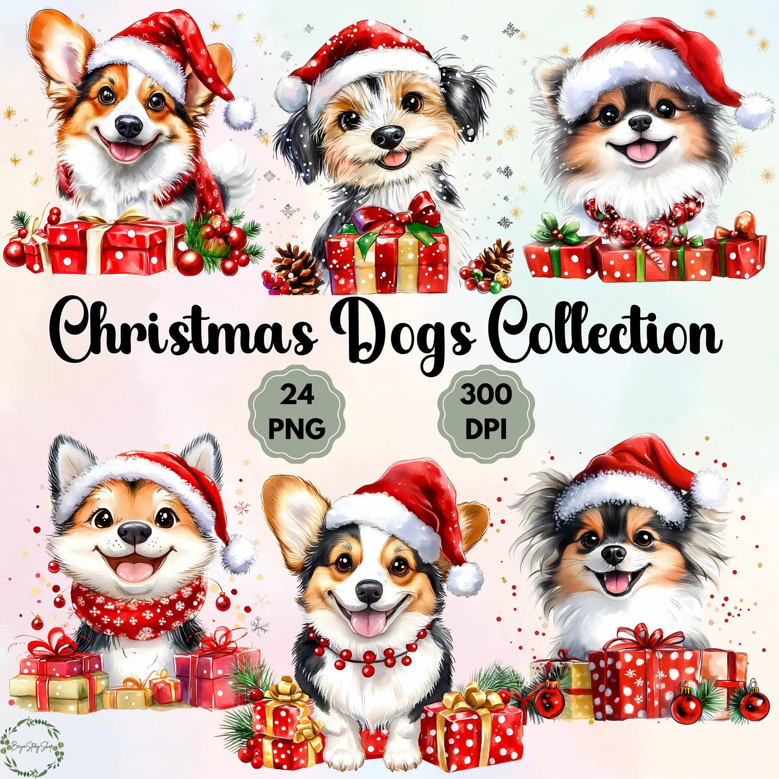 Watercolor Christmas Dogs 24 Clipart, Dog Sublimation Designs ...
