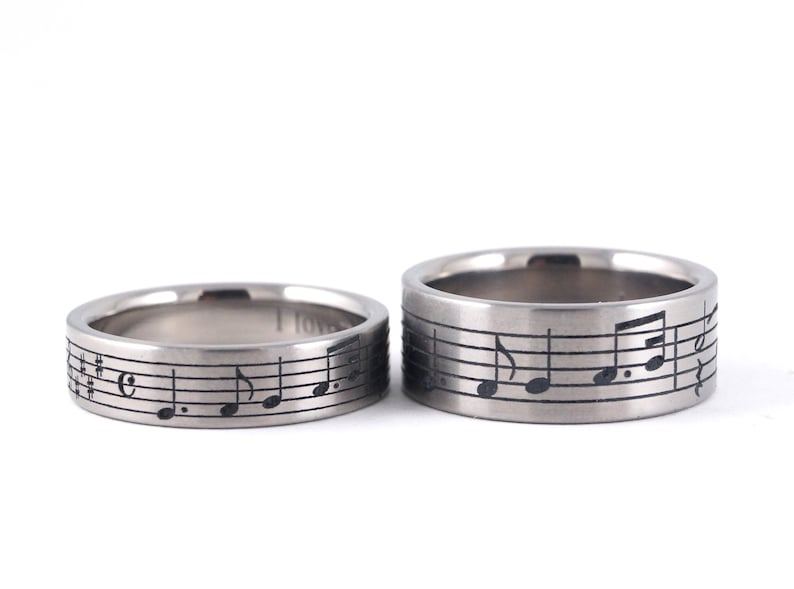 Custom Titanium Music Note Wedding Ring Set 2 Rings Unique Wedding Band ...