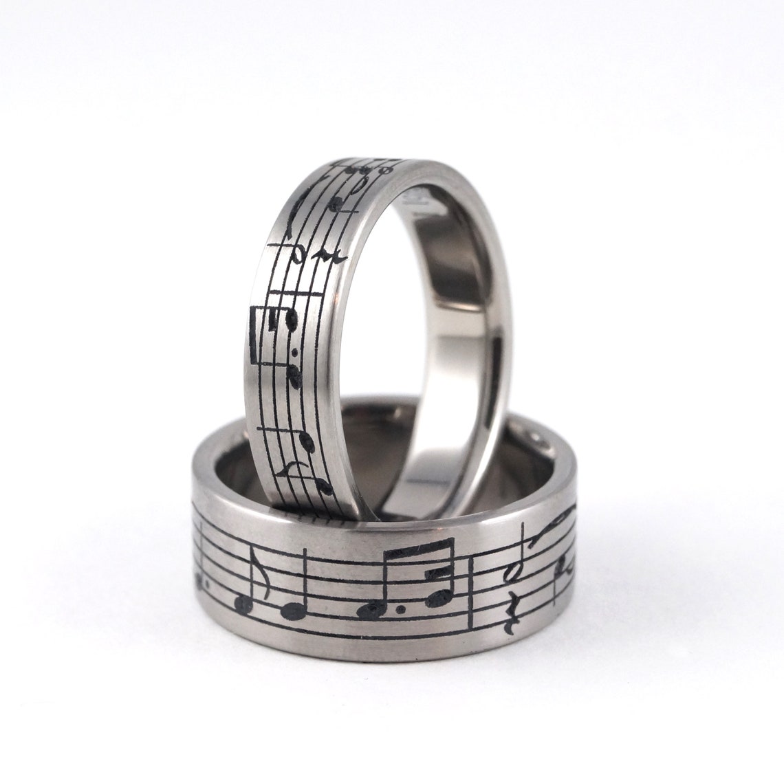 Custom Titanium Music Note Wedding Ring Set 2 Rings Unique Wedding Band ...