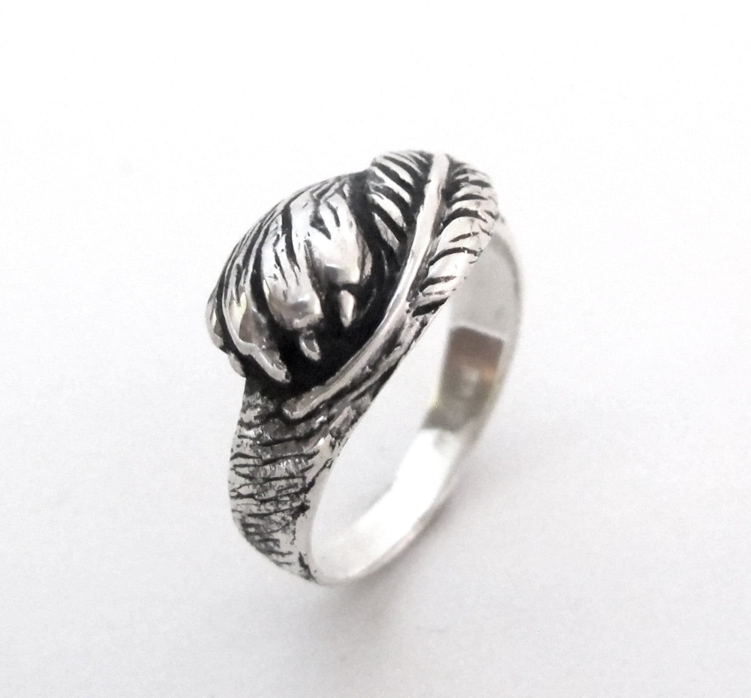 Fur and Feather Ring - Wolf Paw and Crow Feather - Sterling Silver ...