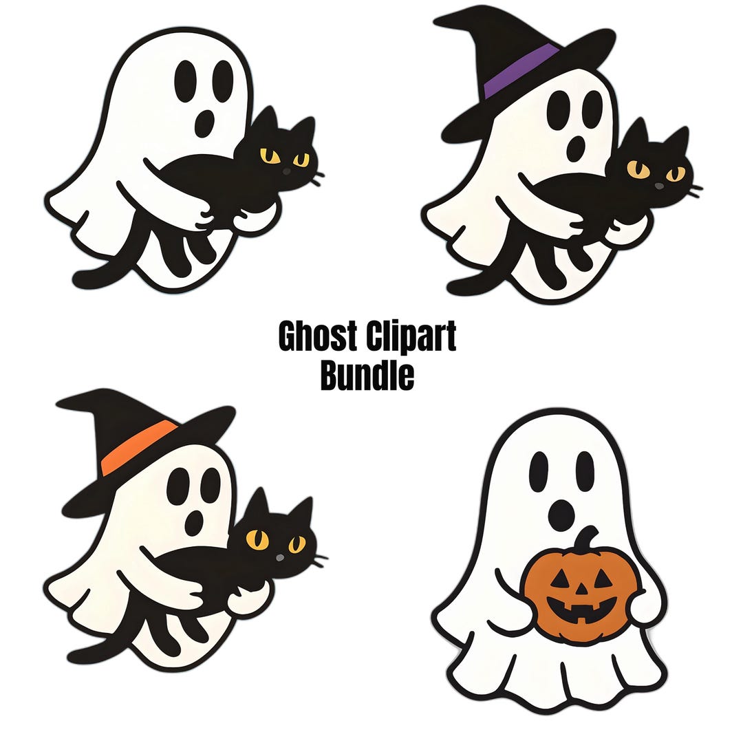 Cute Ghost Clipart Bundle, Halloween PNG, Black Cat Sticker Digital ...