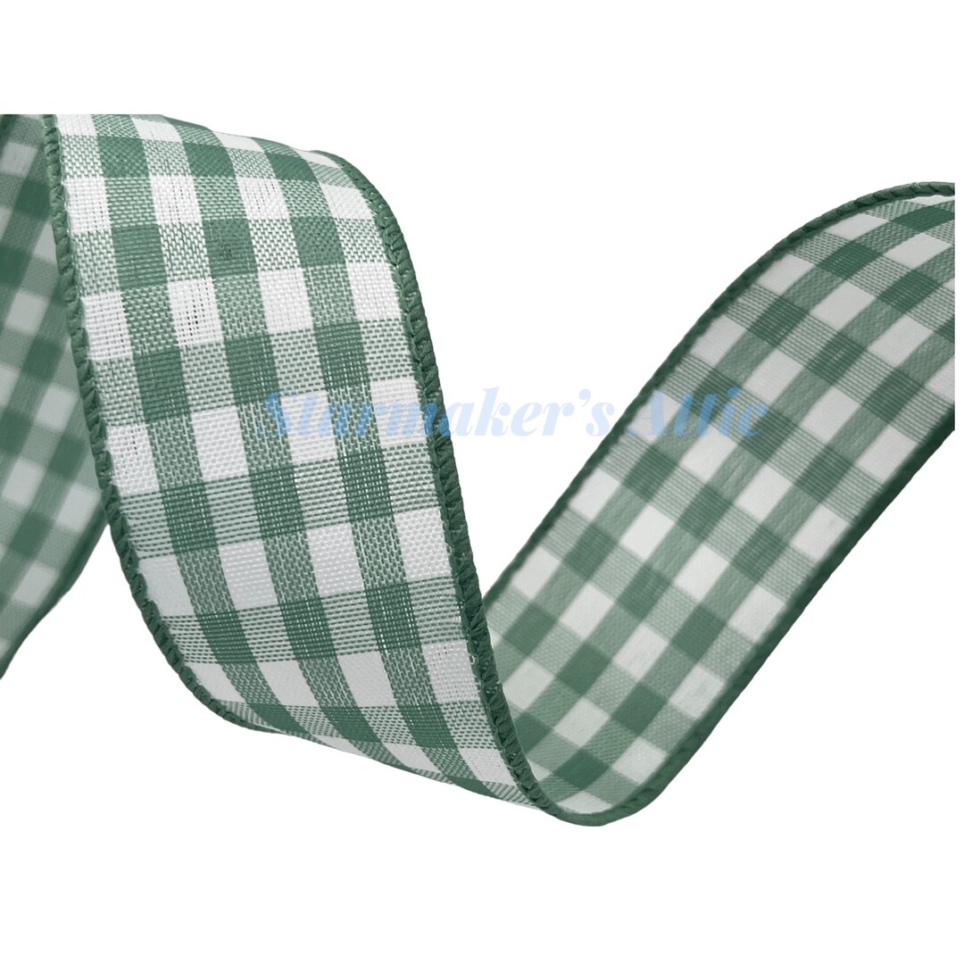 5 YARDS of 1.5-inch Wired Gingham Ribbon in Light Basil Green and White ...