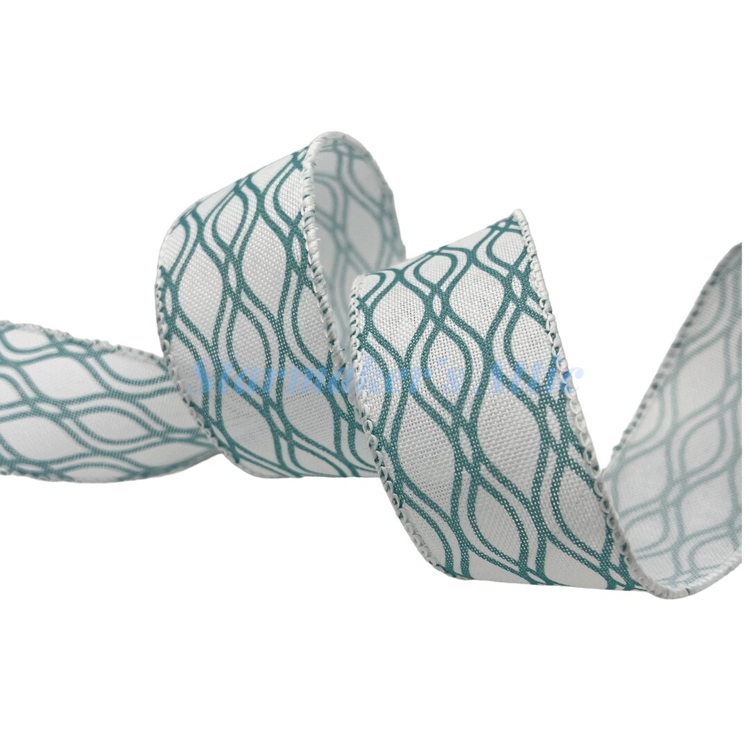 5 YARDS of 1.5-inch Wired Ribbon in White With an Aqua Interlocking ...