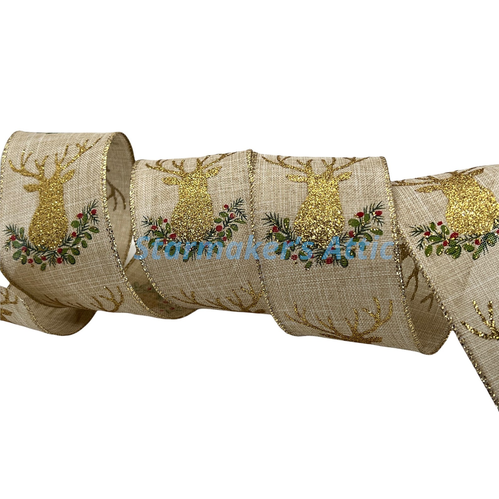 Beautiful 2.5 Inch Burlap With Gold Glitter Reindeer and | Etsy