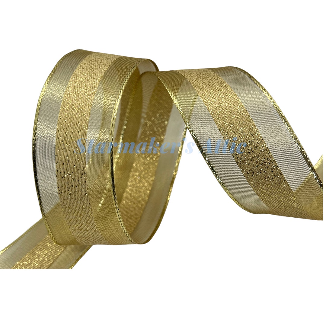 5 YARDS of 1.5 Inch Wired Sheer Ribbon in Gold With Center Stripe ...
