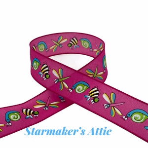 Beautiful 1.5 Inch Wired Hot Pink Ribbon With Bees, Dragonflies and ...