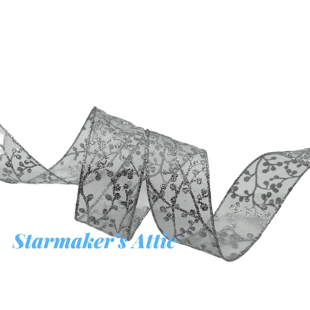 Beautiful 1.5 Inch Sheer Silver W/glittered Vines Ribbon With a Wired ...