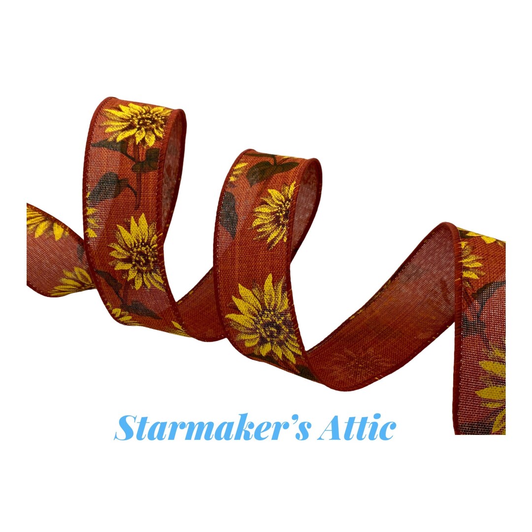 Beautiful 1.5 Inch Wired Linen Ribbon in Rust With Sunflowers - Etsy