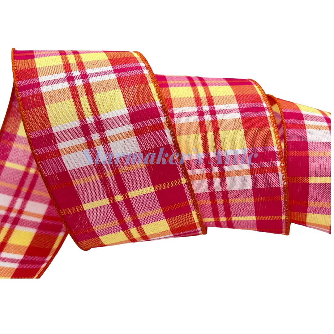 5 YARDS of 2.5 Inch Wired Madras Plaid Ribbon in Fuchsia, Orange ...