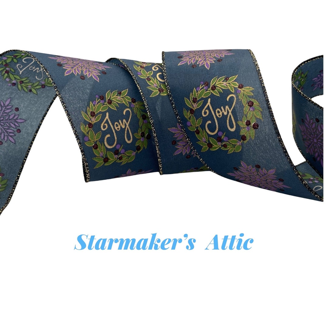 Beautiful 1.5 Inch Wired Satin Ribbon in Dark Blue With Green Wreaths ...