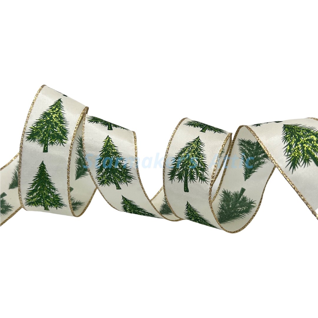 Beautiful 1.5 Inch White Satin Ribbon With Christmas Trees Adorned With ...