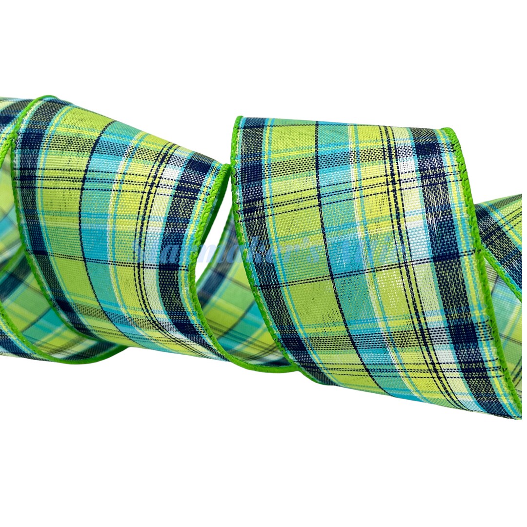 5 YARDS of 2.5 Inch Wired Madras Plaid Ribbon in Dark Blue, Light Blue ...