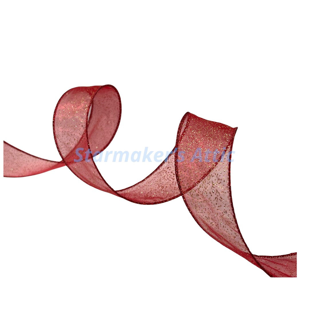 Beautiful 1.5 Inch Wired Sheer Red Ribbon With Gold Glitter - 5 Yards ...