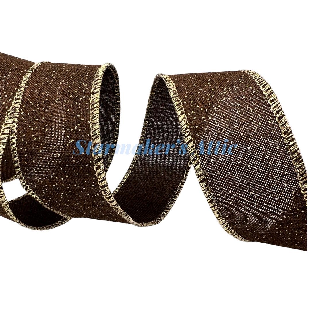 5 YARDS of 1.5 Inch Wired Sands Ribbon in Brown With Metallic Gold ...