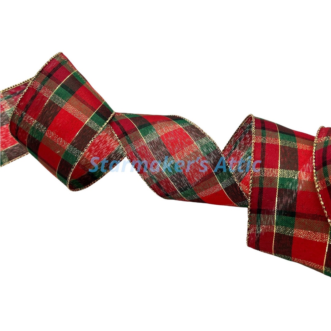 Beautiful 2.5 Inch Wired Red and Green Plaid Ribbon With Metallic Gold ...