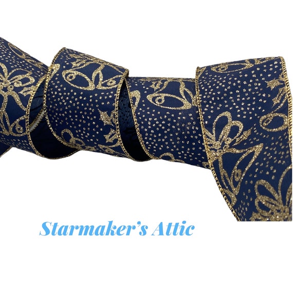 Beautiful 2.5 Inch Wired Navy Blue Ribbon W/gold Glitter Bells | Etsy