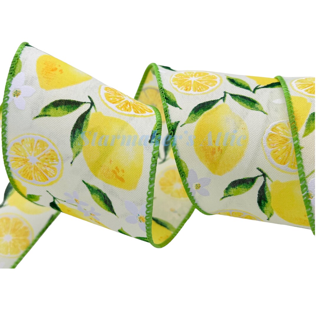 5 YARDS of 2.5 Inch Wired Ribbon in Cream With Lemons, Lemon Slices and ...