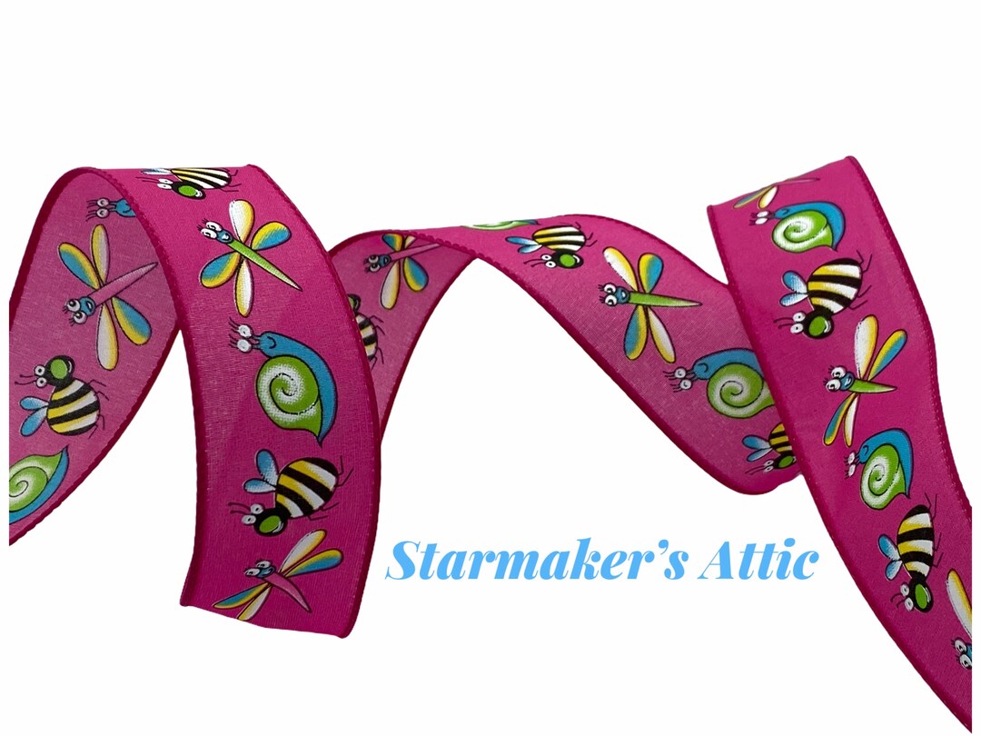 Beautiful 1.5 Inch Wired Hot Pink Ribbon With Bees, Dragonflies and ...