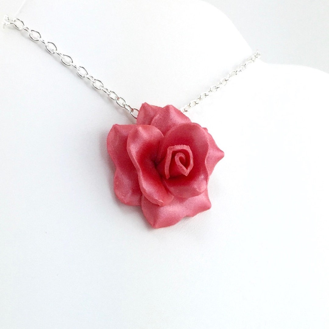 Sunset Pink Rose Pendant Simple Rose Necklace Sunset Pink Rose Necklace