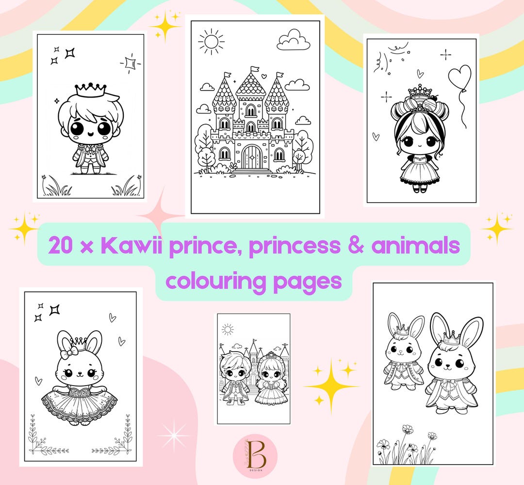 Kawaii Prince, Princess & Animals Coloring Pages - 20 Page Printable ...