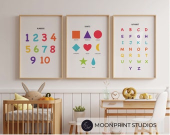 Set of 3 Posters, Alphabet, Shapes, Numbers, Kids Learning Poster ...