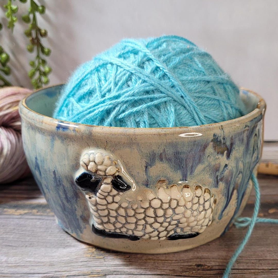 Ceramic Yarn Bowl With Sheep, Drippy Blues - Etsy