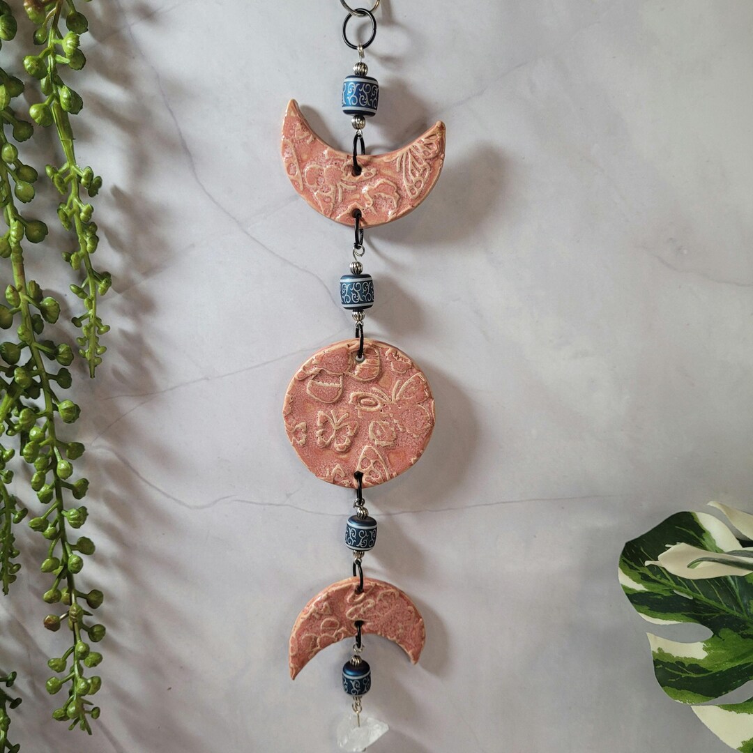 Handmade Ceramic Moon Phase Hanging - Pink Moons and Blue Beads - Etsy