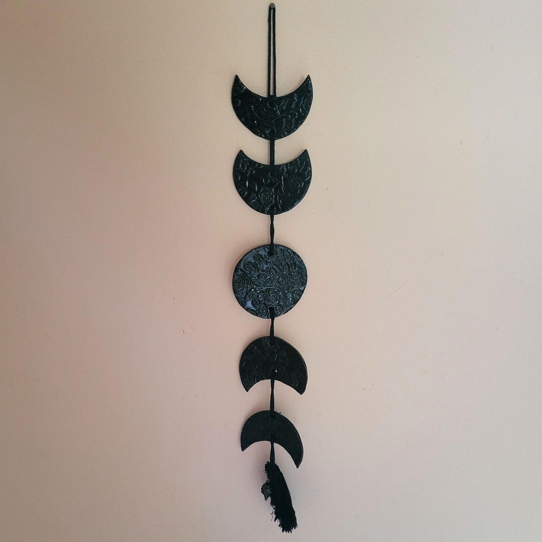 Handmade Ceramic Moon Phase Hanging - Black Moons With Raven Skull ...