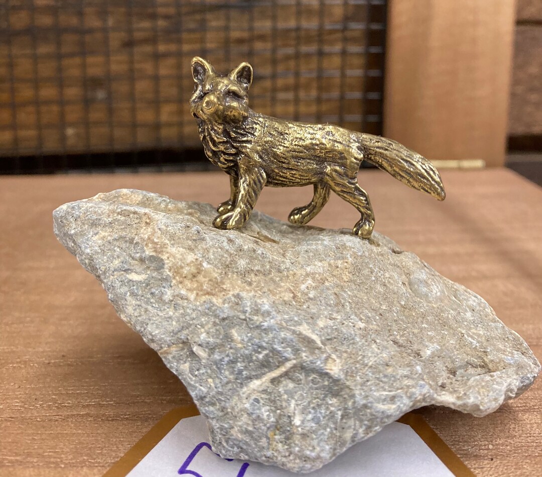 Rock With Brass Fox Figurine - Etsy