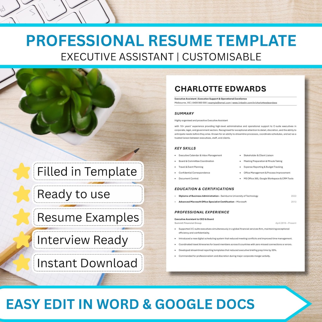 Executive Assistant Resume Template – Professional & Organised CV | Ats ...