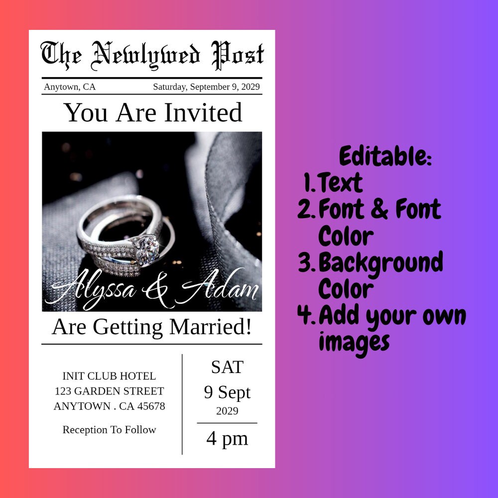 Newspaper Wedding Invitation Template, Editable Wedding Newspaper ...