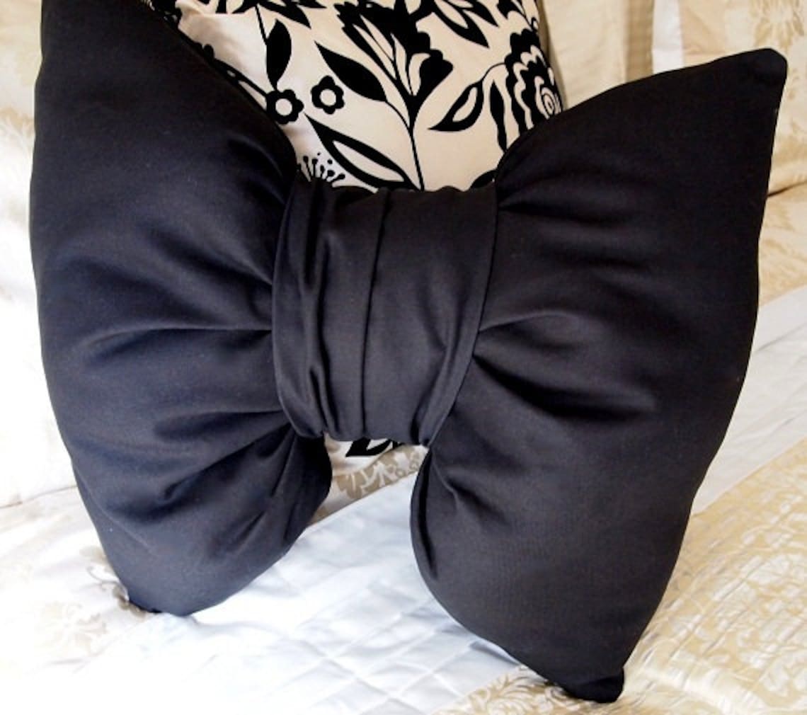 Handmade Bow Shaped Decorative Pillow in Black Cotton Unique Home Decor ...