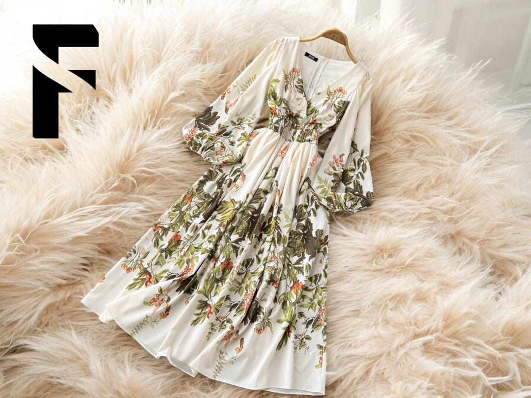 Floral Long Sleeve Dress | High Waist A-line Robe Outfit | Women's ...