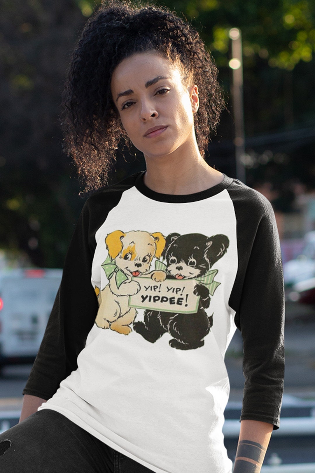 Retro Yip Yip Yipee! Puppies Adult Baseball Raglan Unisex Men's Shirt ...