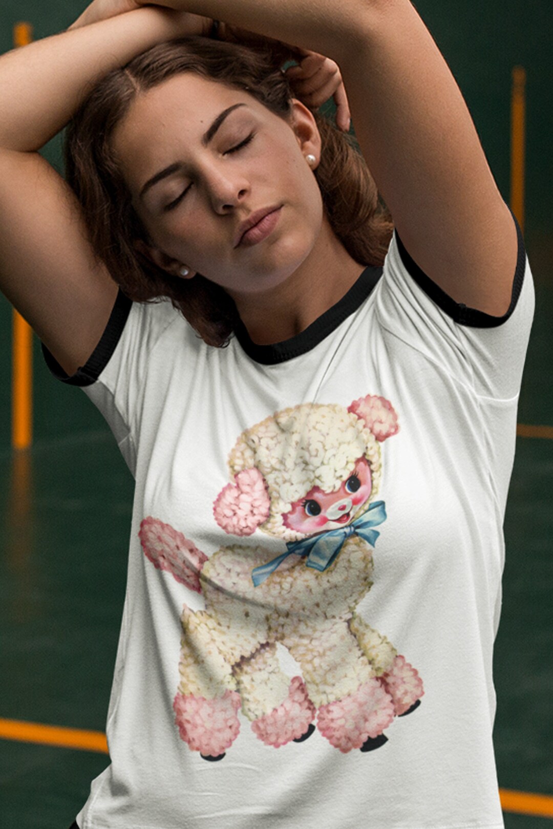 Retro Ringer Tee. White and Pink Kitsch Lamb Unisex Cotton Ringer T ...