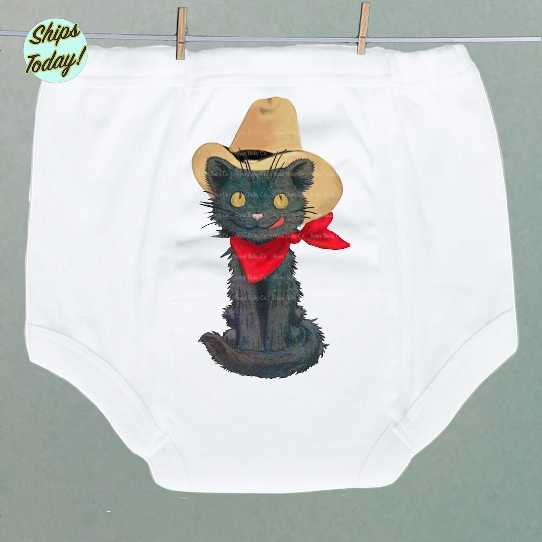 Western Kitty Potty Pants. Retro Grey Cat With Cowboy Hat and Red ...