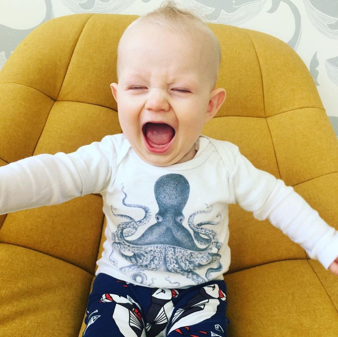 Organic One Piece Retro Blue Octopus Baby. Organic Octopus Bodysuit ...