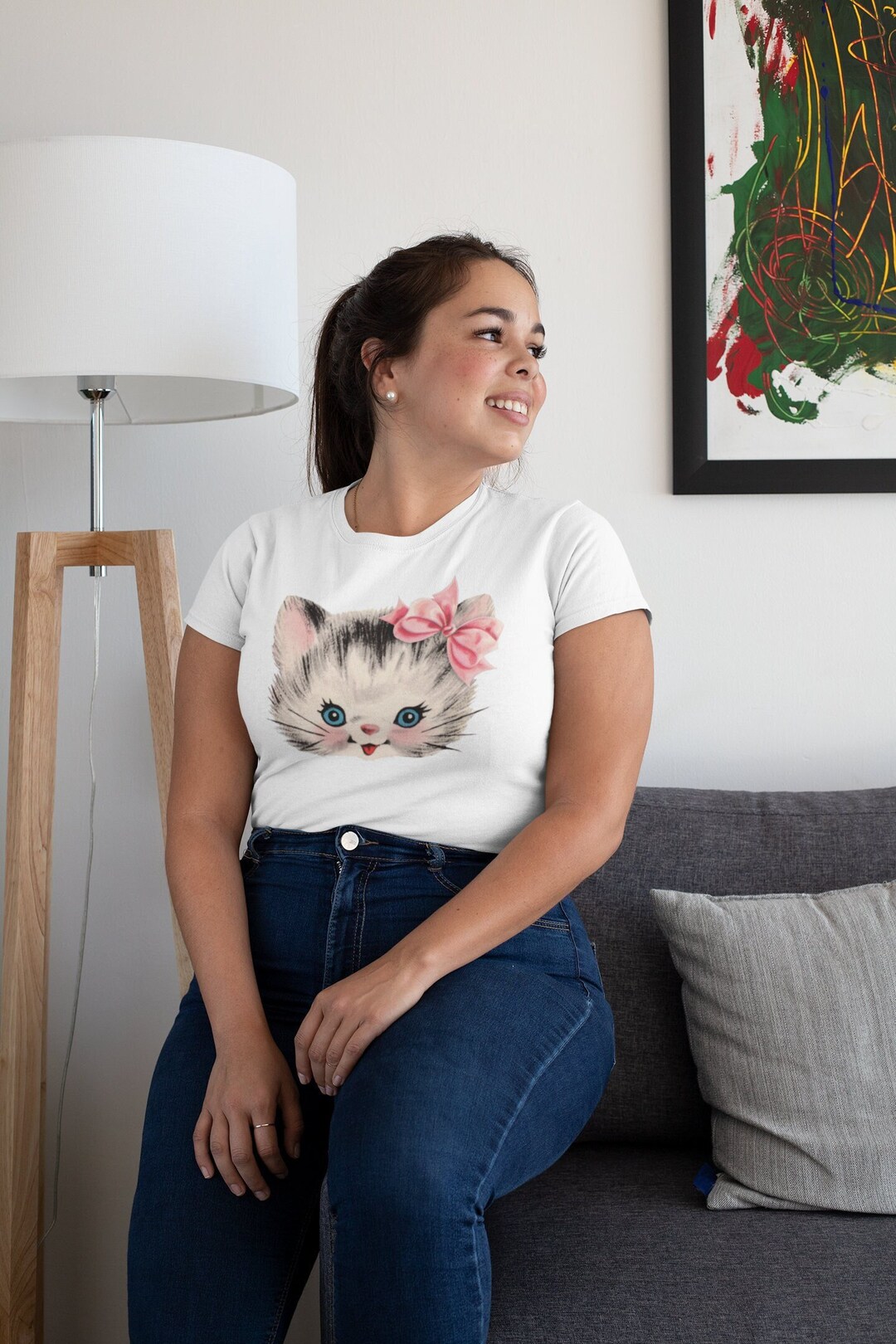 Retro Kitschy Kitty Cat Shirt. Women's Organic Cotton Shirt With ...