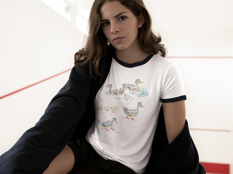 Retro Ringer Tee, Pond Ducks Unisex Cotton T-shirt. Mallard Birds ...
