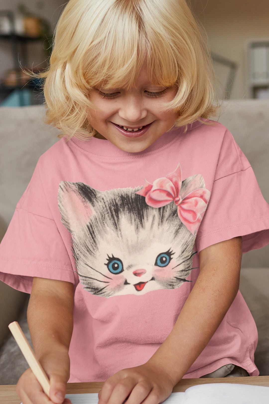 Kitschy Kitty Cat Youth Short Sleeve Tee. Cute Kitten With Big Pink Bow ...