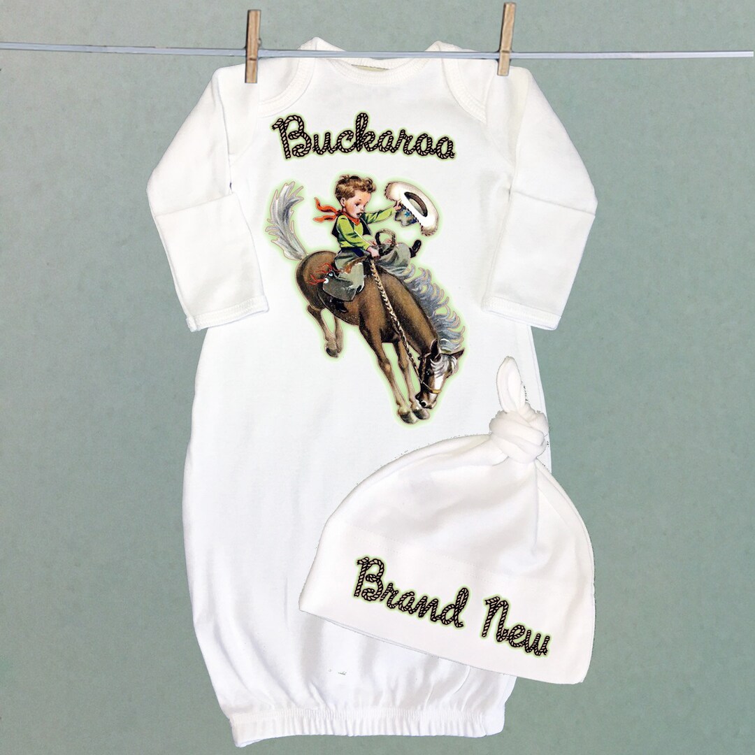 Brand New Buckaroo Baby One Piece Gown and Knot Cap Set. Newborn Cowboy ...